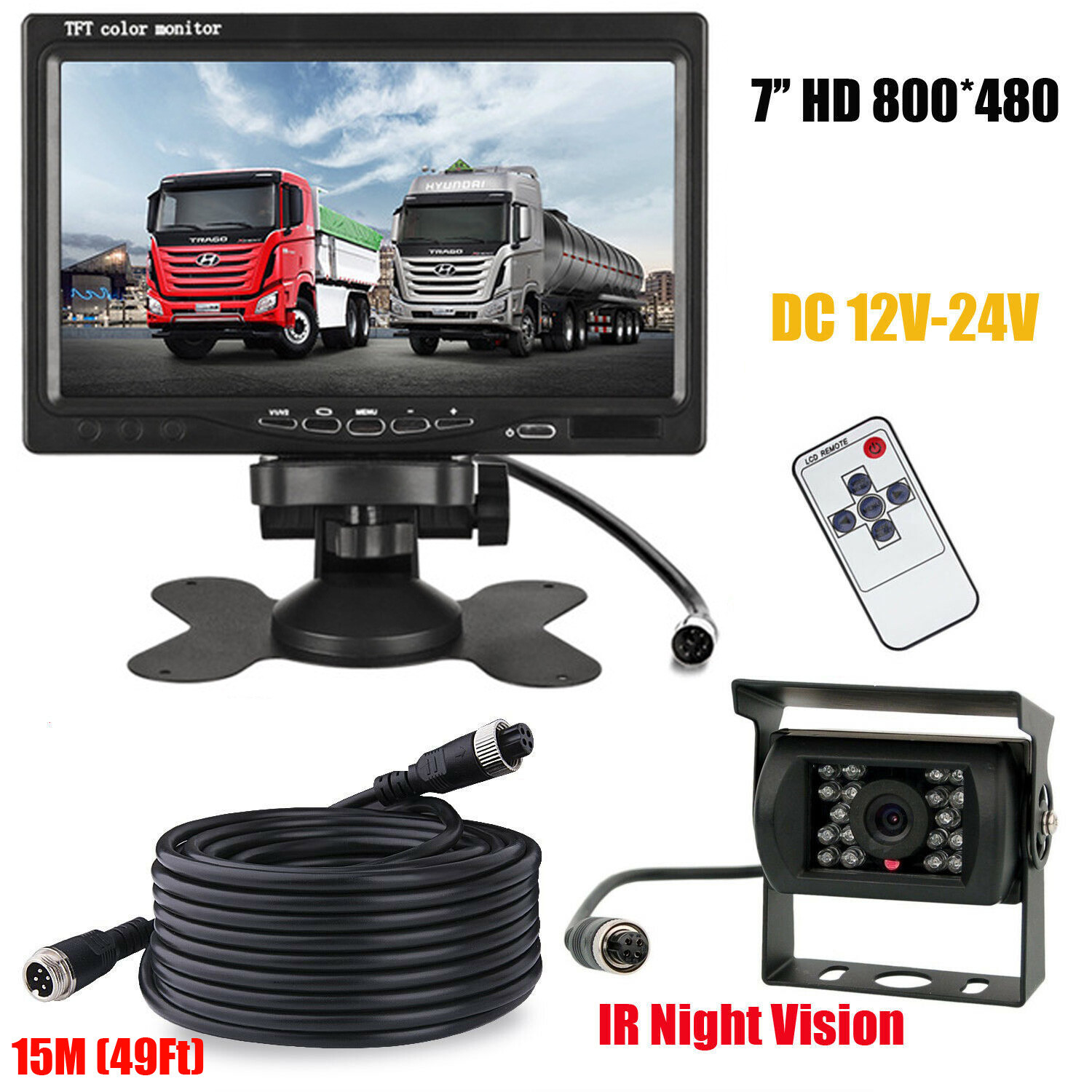 Truck Caravan Bus 4 Pin Heavy Duty Backup Camera 7" Rear View Monitor ...