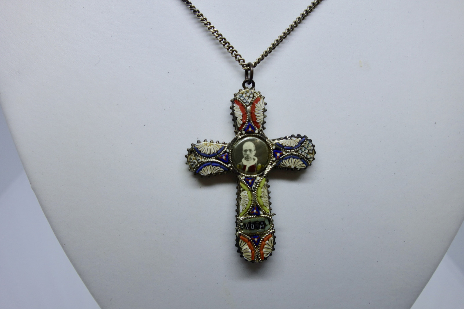 Antique Vint. Pope Pius XII Photo Micro Mosaic Cross Pendant Chain 24 ...