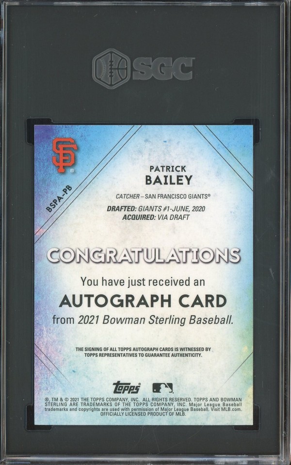 2021 Bowman Sterling Prospect Patick Bailey RC Rookie Giants SGC 10 ...