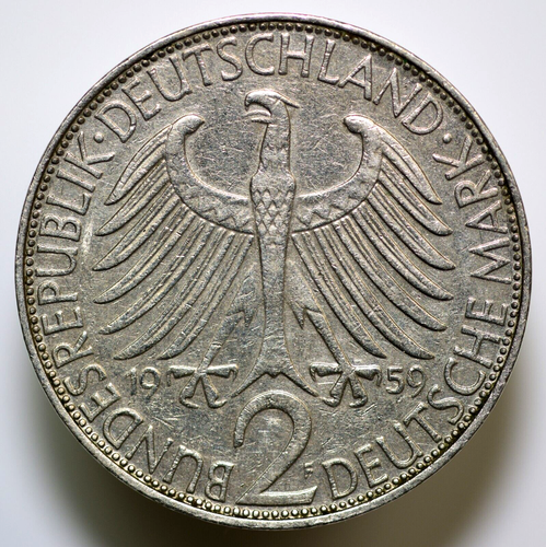 1959-F Germany 2 Deutsche Mark Max Planck 26.75mm Cop-Nickel Coin, FREE ...