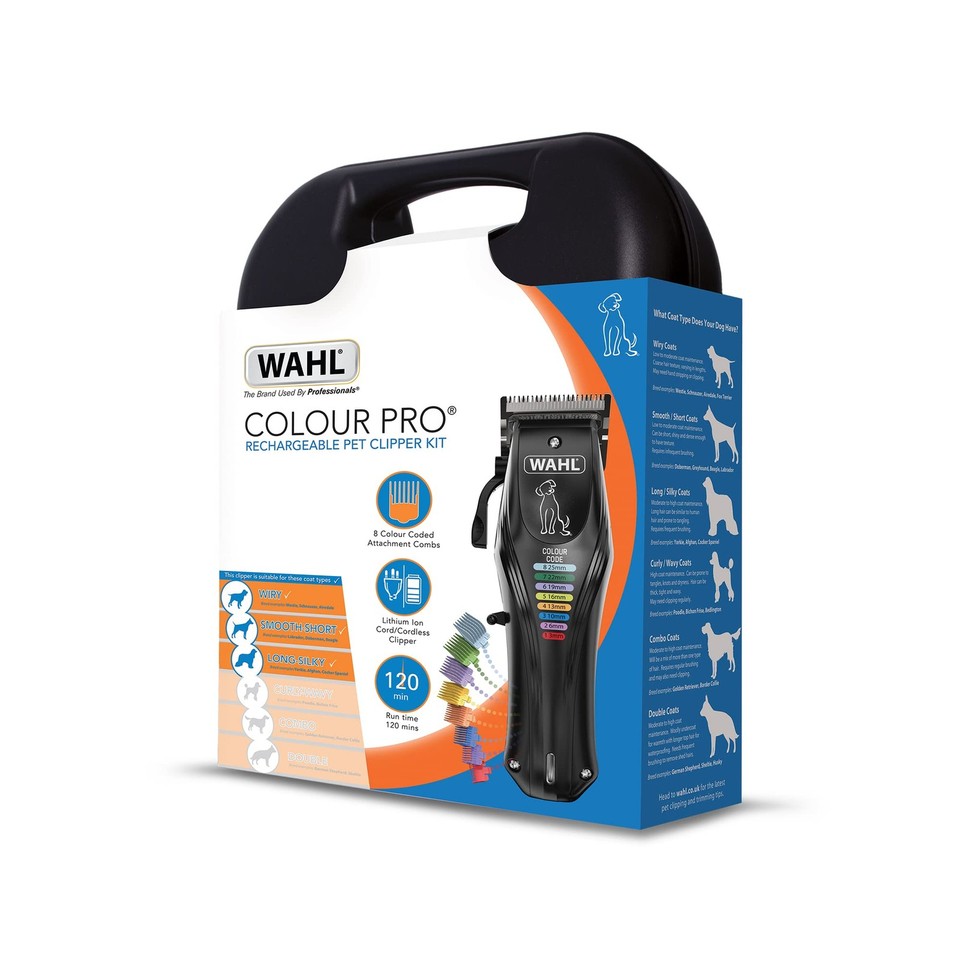 WAHL Colour Pro Rechargeable Pet Clipper Clippers with Coded Combs Full ...