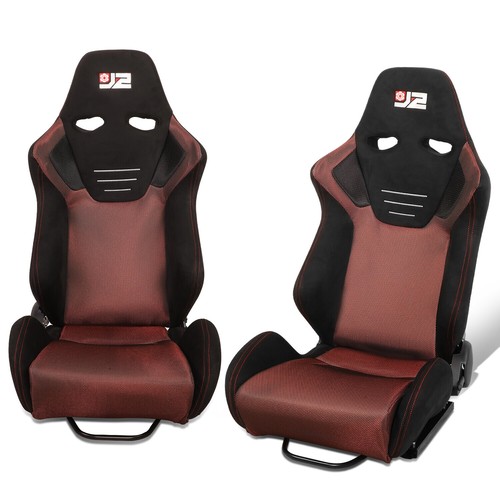 J2 Pair Black Suede Red Stitch Reclinable Back Bucket Racing Seats w ...