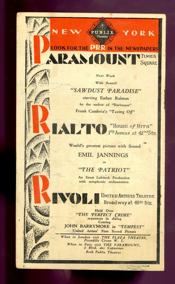Paramount Theatre Program Gary Cooper 8/18 1928 Fay Wray PRE KING KONG ...