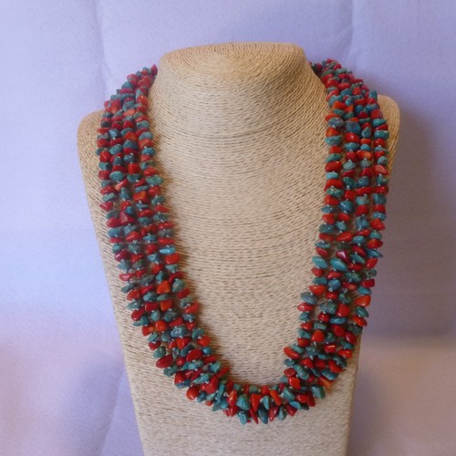 Turquoise & Red Coral Nugget Native American Southwestern Multi Strand ...