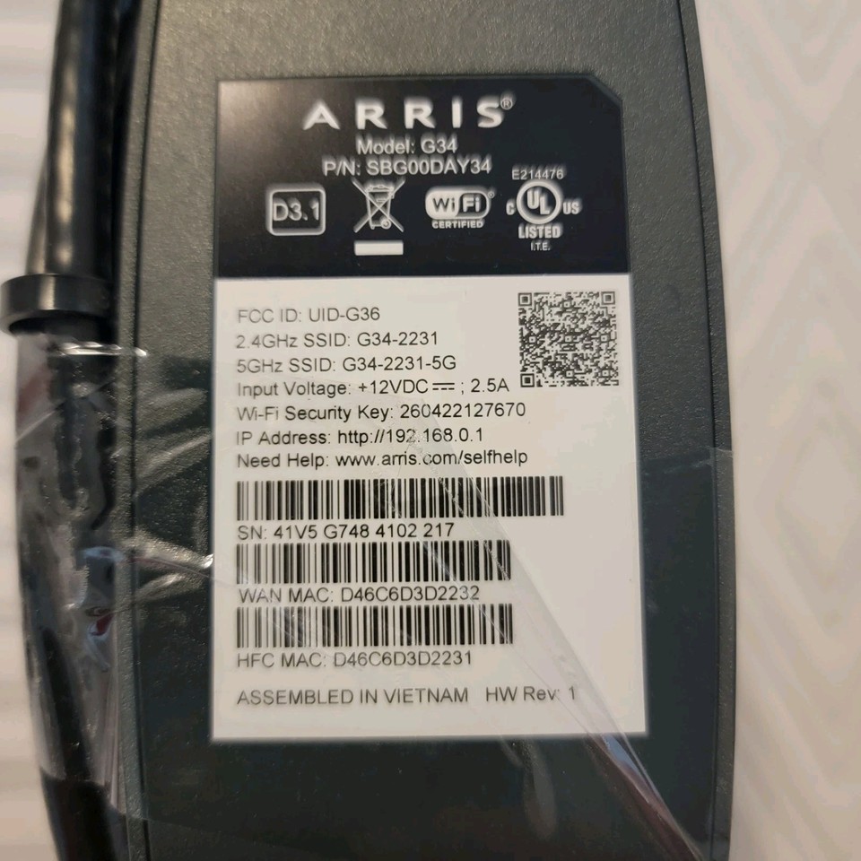 ARRIS Cable Modem Router Combo G34 1 Gbps Max Internet For Parts Not ...