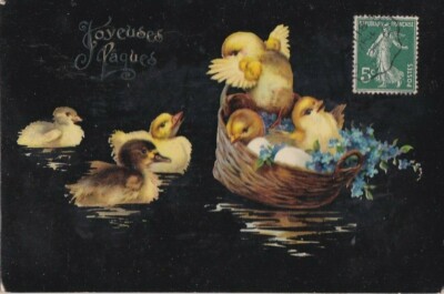 CPA Fantaisie JOYEUSES PAQUES Poussins dans Panier Oeufs de PAQUES ...