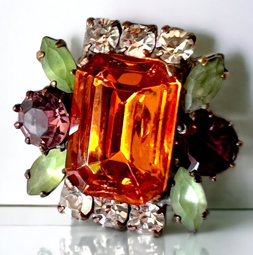 Czech Rhinestone Brooch Orange Green Glass Floral Pin Unfinished Back ...