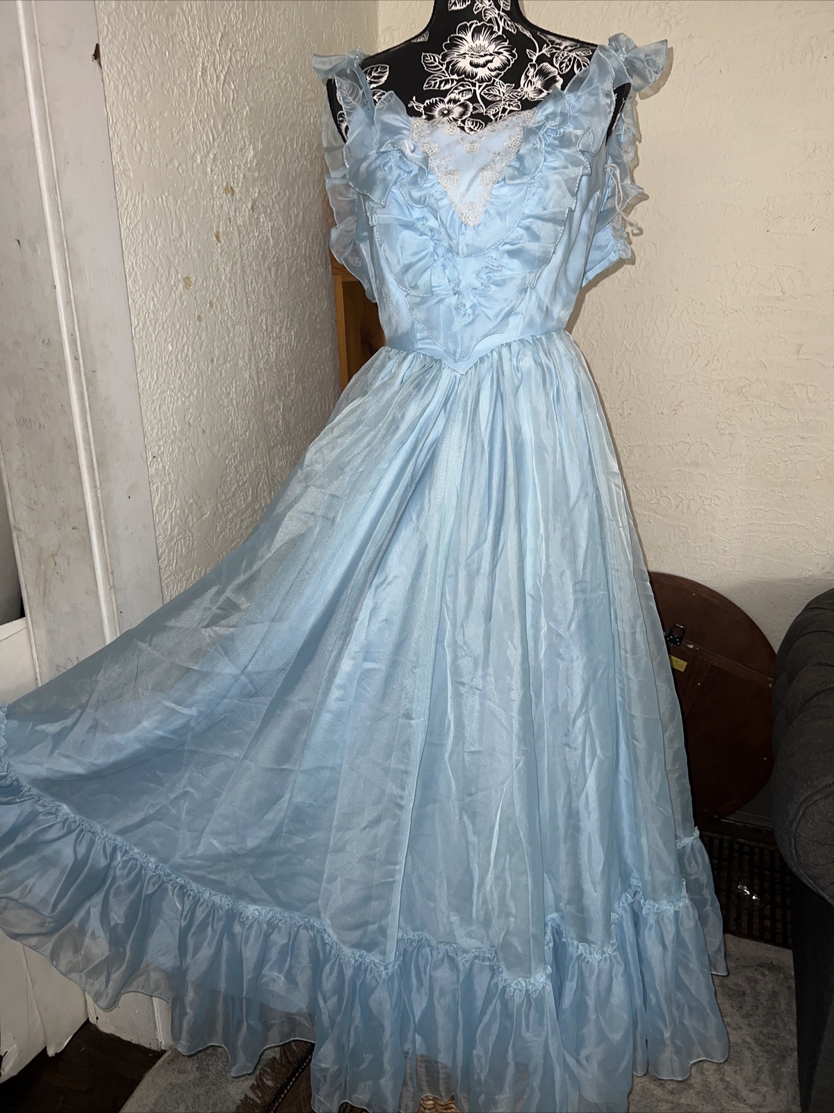 Vtg Powder Sky Blue Bridesmaid Formal Dress Maxi Chi… - Gem