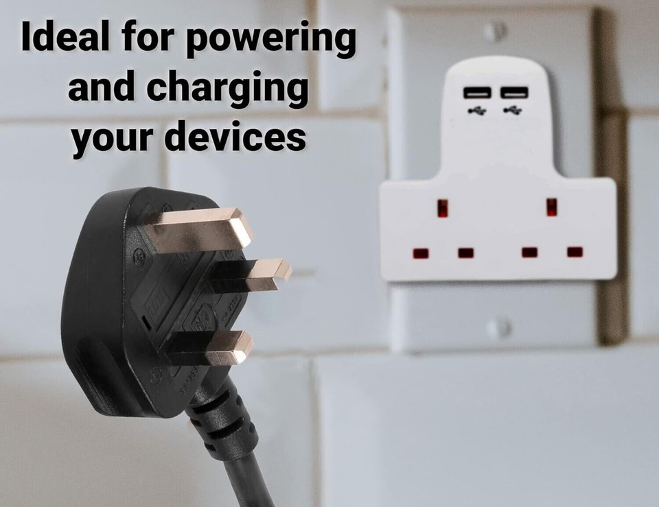 2 WAY Gang Multi PLUG ADAPTER WITH 2 USB PORT UK Wall SCOKET ADAPTOR ...
