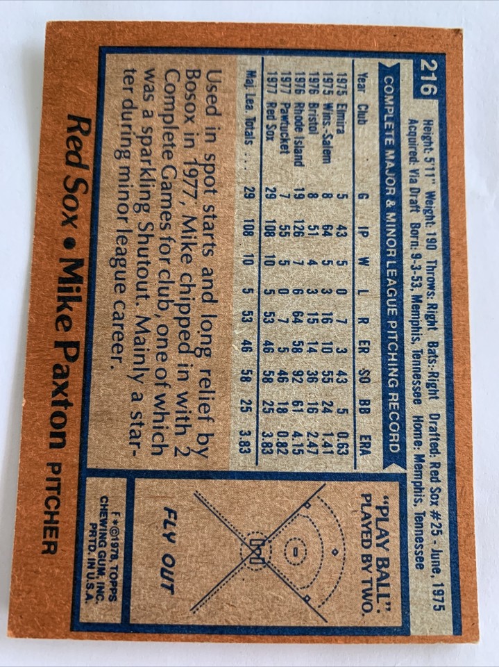 1978 Topps Baseball Card #216 Mike Paxton Rookie RC Boston Red Sox NM ...