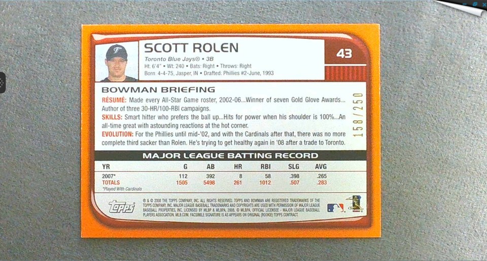 2008 Bowman Orange #43 Scott Rolen Blue Jays #'d 208/250 | eBay