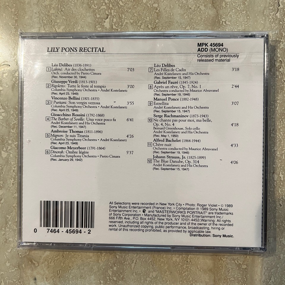 CD Lily Pons Recital Masterworks Portrait ©1989 Sony Music (New Case ...