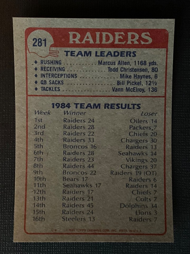 Los Angeles Raiders Team Leaders 1985 Topps Football Card #281 w ...