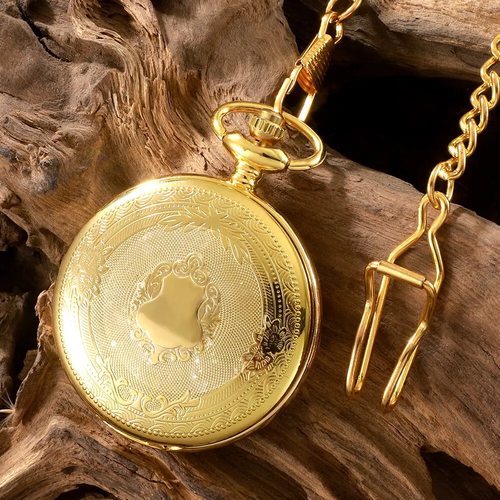 Gold Luxury crown pocket watch QUARTZ full hunter antique with chain ...