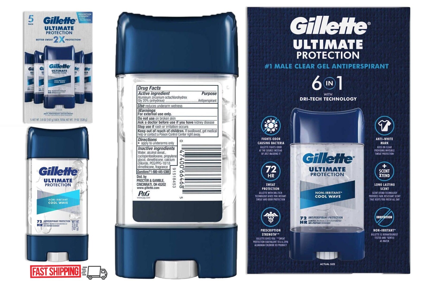 Gillette Ultimate Protection 6-in-1 Antiperspirant, 3.8 oz, 5-pack | eBay