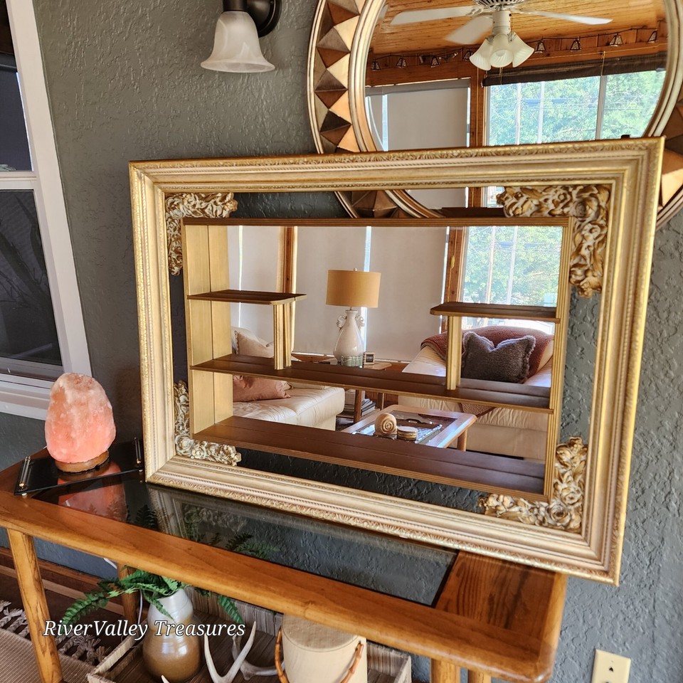 Large VTG Regency Gold Mirror Shadow Box Hanging Wall Shelf 42” x 30 ...