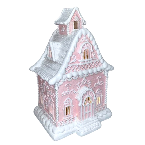 Christmas Pink 14" Victorian LED Village Icing Resin GINGERBREAD HOUSE ...