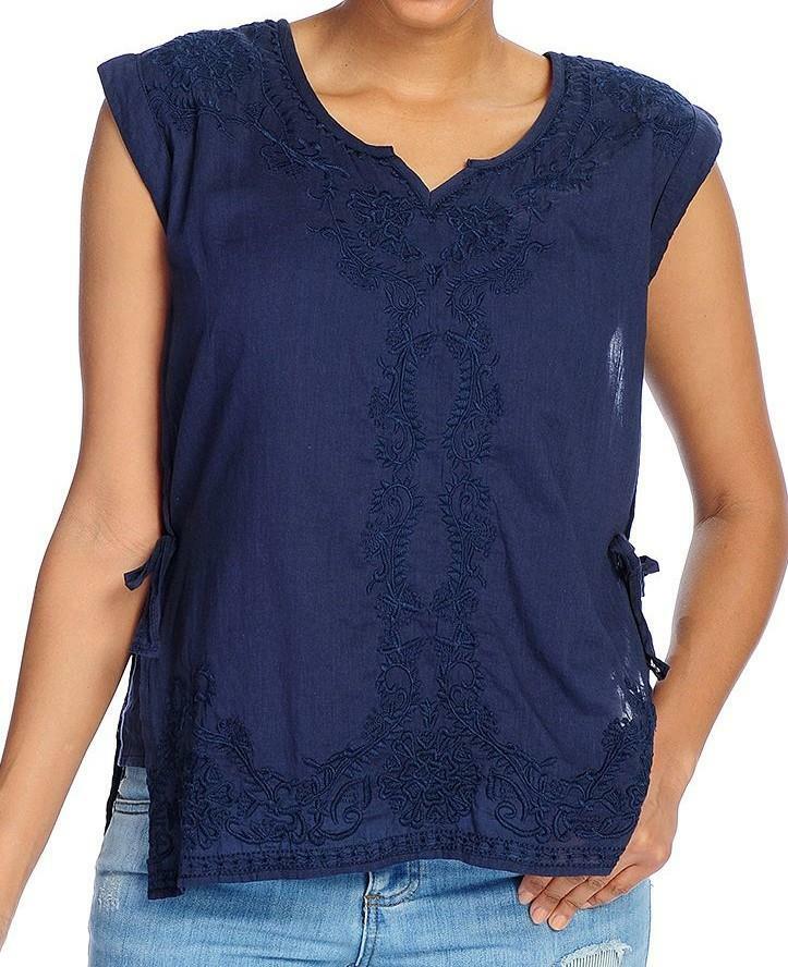 NEW - Indigo Thread Co.™ Woven Cap Sleeved Embroidered Self-Tie Top | eBay