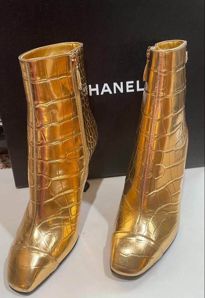 Chanel Gold Calfskin Crocodile Embossed Cap-Toe Ankle Boots Chanel Gold Calfskin Crocodile Embossed Cap-Toe Ankle Boots