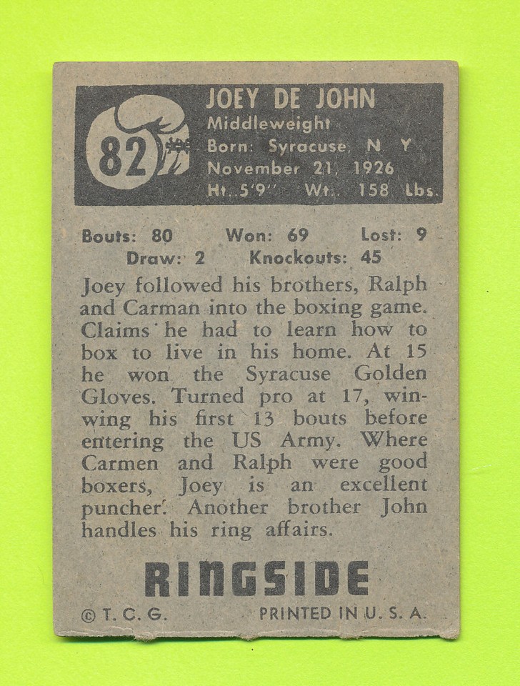 NICE SURFACE JOEY DEJOHN 1951 TOPPS RINGSIDE BOXING #82 UNCREASED ...