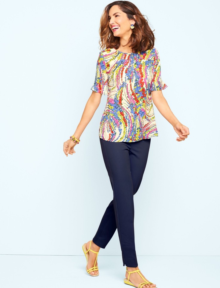Talbots Petites Women's Ruffle-Short Sleeve Top ~ Swirling Floral ~ MP ...