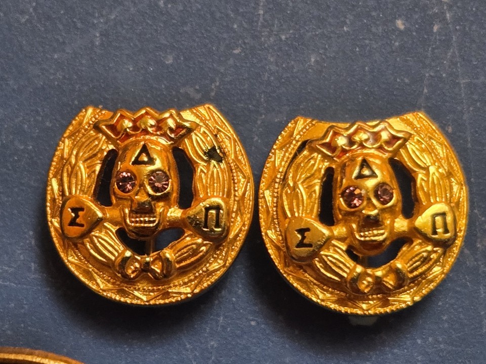 2 x Vintage Delta Sigma Pi Gold Tone Skull Badge Pin w/ Rhinestone Eyes ...