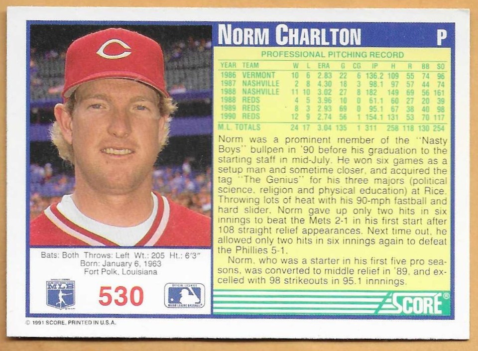 NORM CHARLTON CINCINNATI REDS #530 - SCORE NM-MT 1991 | eBay