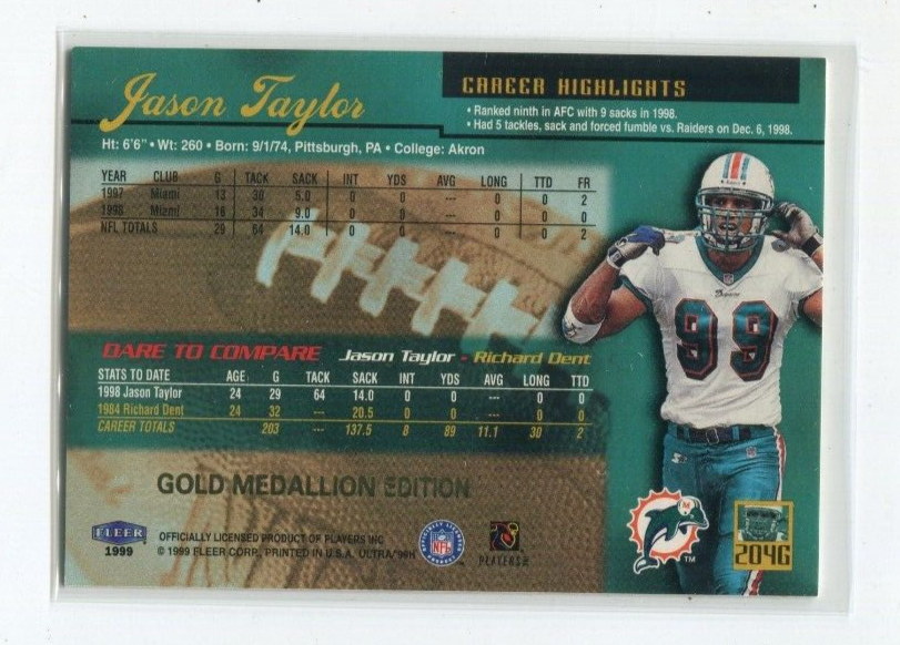 JASON TAYLOR MIAMI DOLPHINS 1999 FLEER ULTRA NFL GOLD MADALLION #204G ...