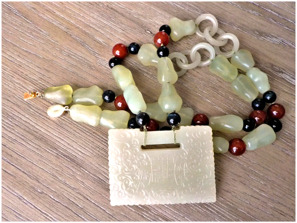 Chinese Jade Pendant, Devil's Work Jade, Carnelian, Blue Tiger's Eye ...