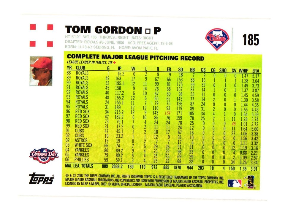 2007 Topps Opening Day #185 Tom Gordon Philadelphia Phillies | eBay