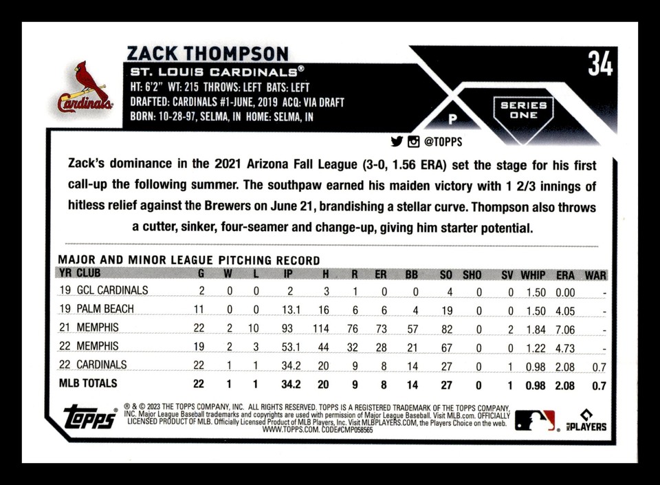 Zack Thompson RC 2023 Topps #34 Rookie St. Louis Cardinals Centered ...