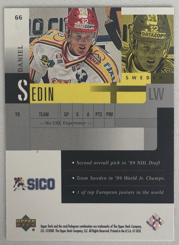 Daniel Sedin Rookie - 1999-00 Upper Deck Prospects #66 (RC) Vancouver ...