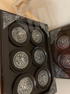6 Coaster Drink Set Serving Tray Wood Handmade Elephant Nickel Thai ...