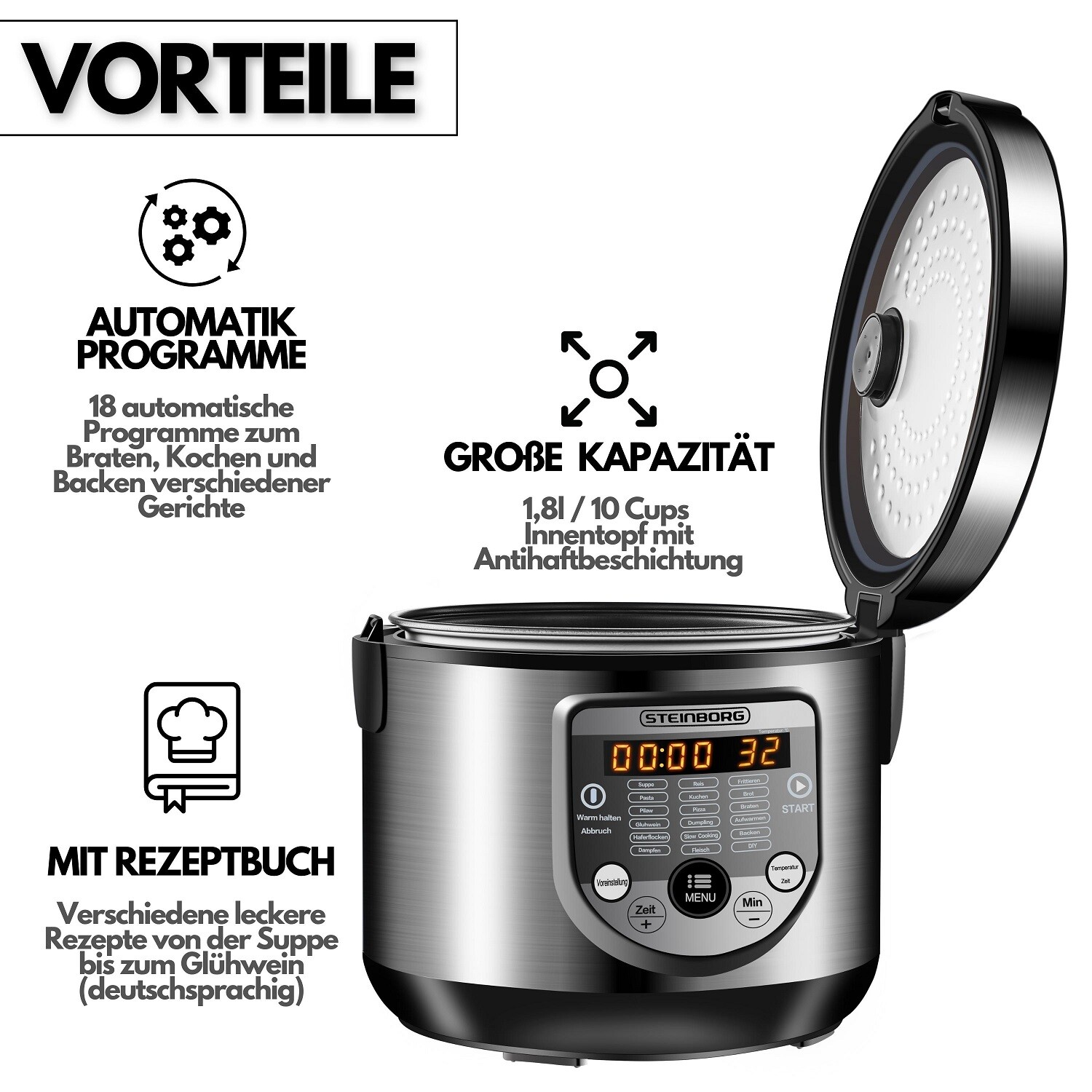 Multikocher Reiskocher 900 W Dampfgarer Reis Kochtopf Edelstahl ...