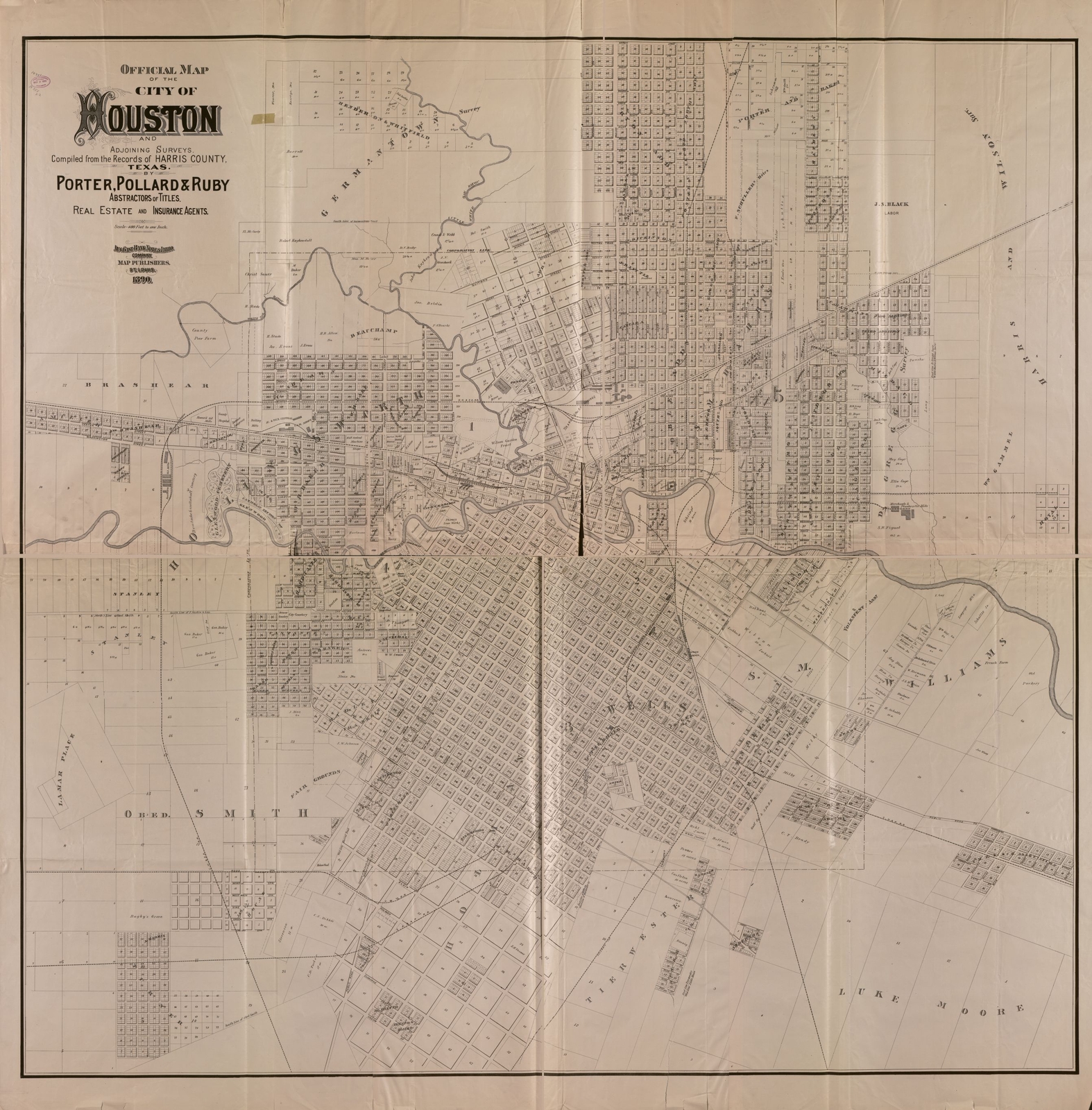 24" x 24" 1890 Official Map Of The City Of Houston & Adjoining Surveys ...