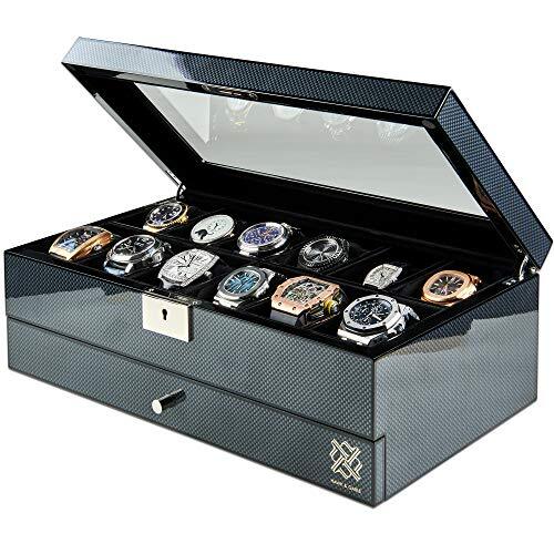 Luxury 12 Slot Watch Box Organizer with Valet Drawer, Glass Display and ...