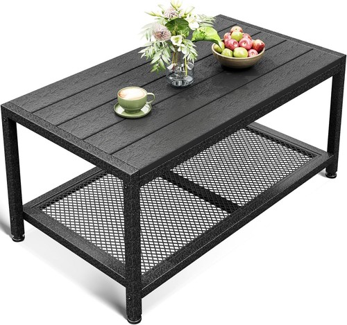 Black Outdoor Coffee Table w/ Double-Layer Storage, Weather-Resistant ...