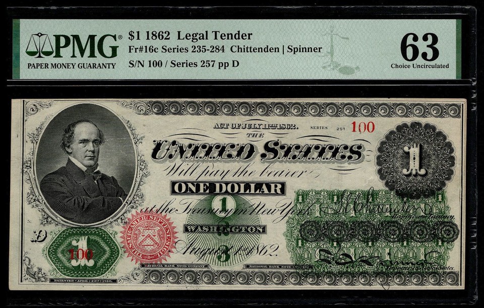1862 $1 Legal Tender Fr.16c Fancy Low Serial Number 100 PMG 63 (BDJG ...