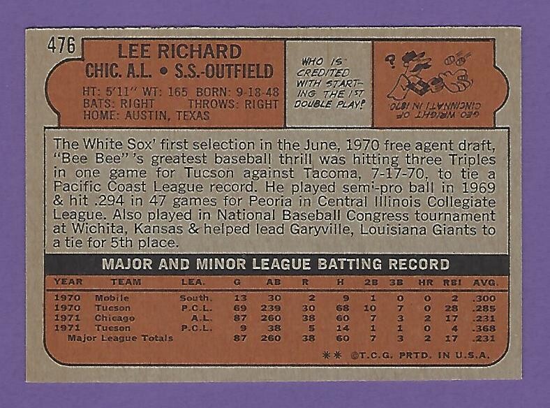 1972 Topps - #476 Lee Richard - Chicago White Sox - NrMt CENTERED | eBay