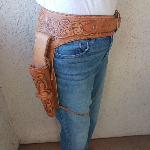 Western Gun Holster Belt Tooled Leather Revolver Pistol 32 .38/357 | eBay
