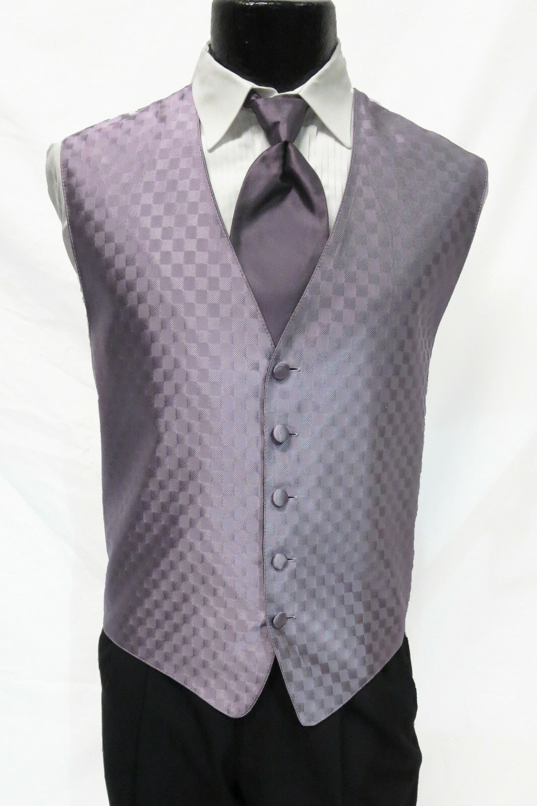 Mens Large Purple Fusion Checkered Patterned Fullback Vest & Tie Plus ...