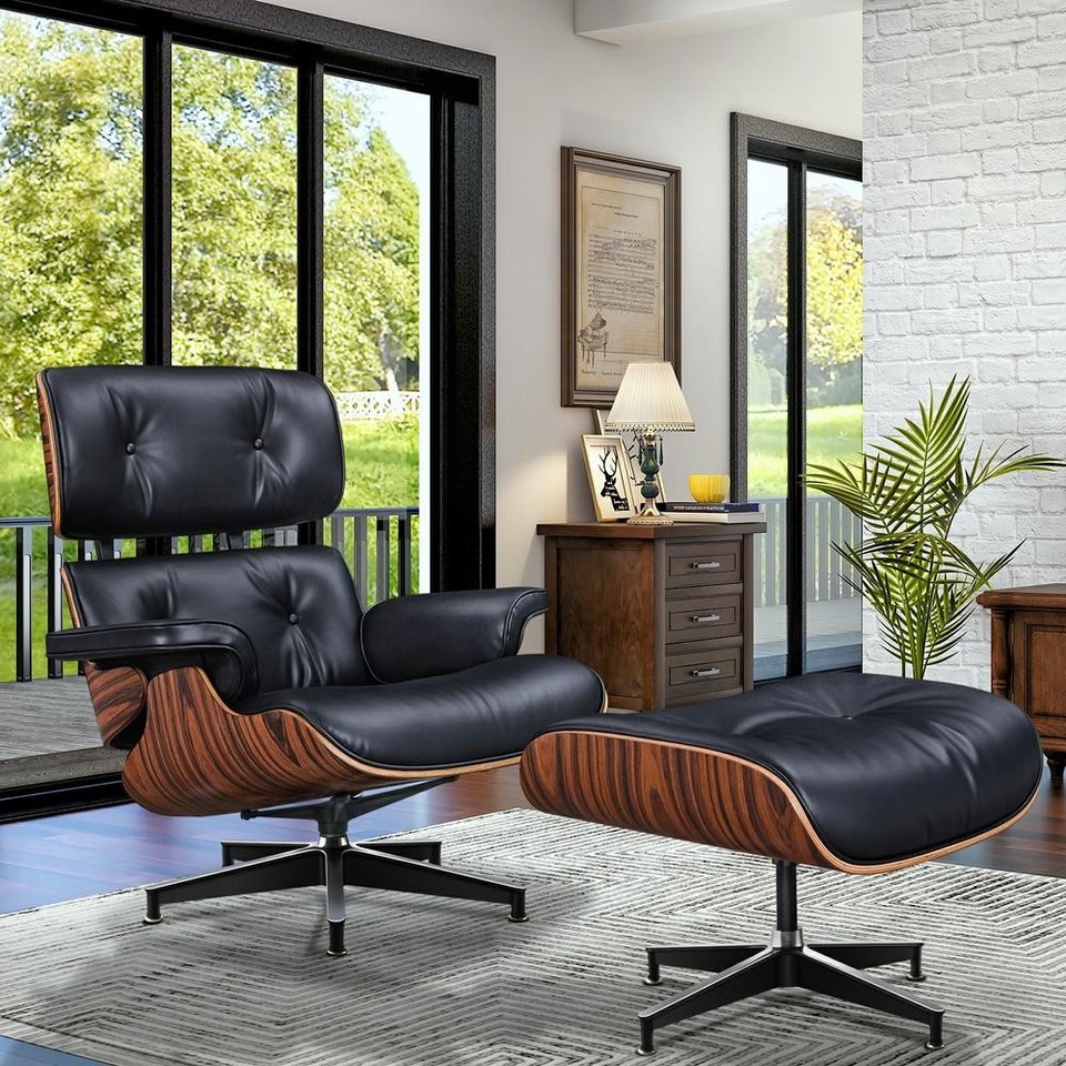 Mid Century Eams Lounge Chair and Ottoman Set Top Grain Leather ...