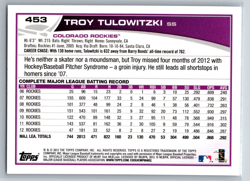 2013 Topps Troy Tulowitzki Colorado Rockies #453 | eBay