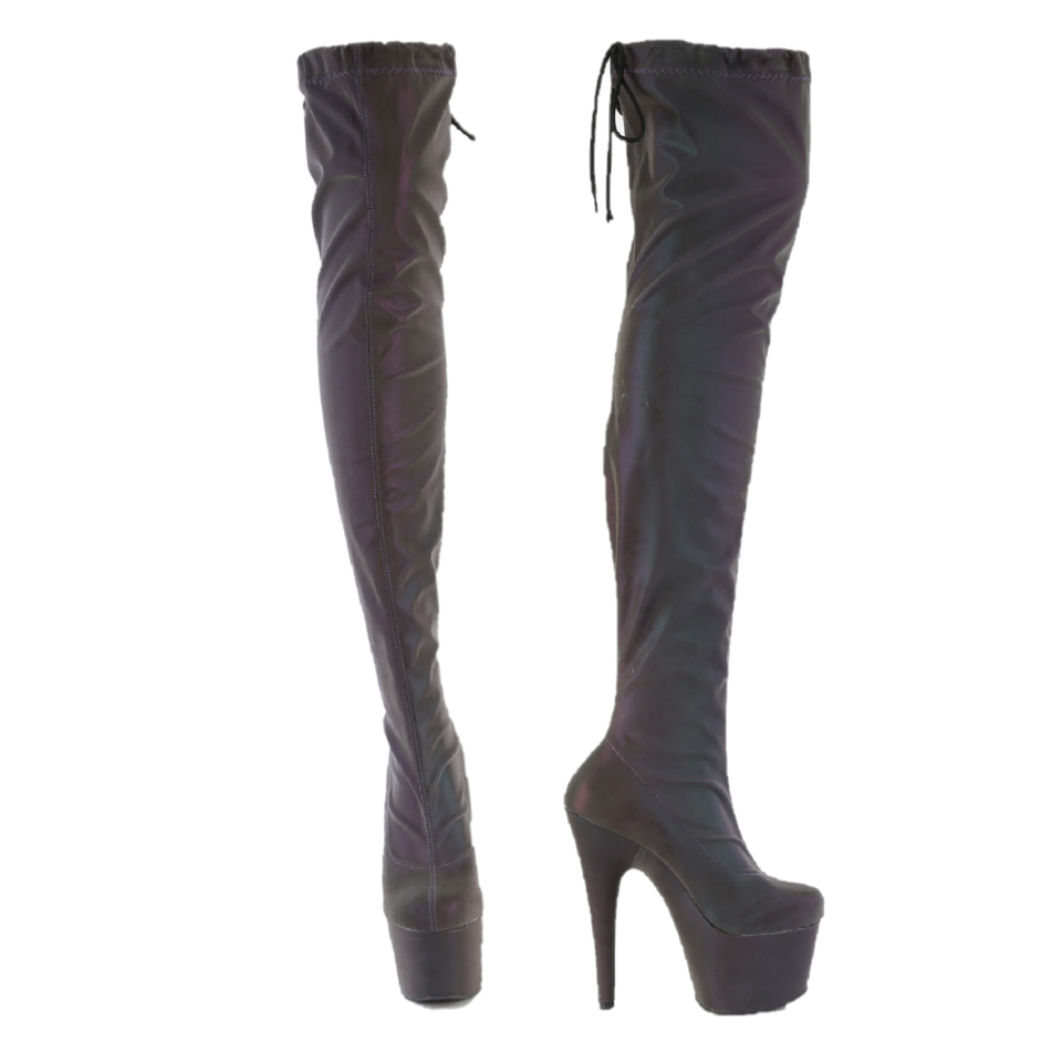 Pleaser Reflective Stretch Thigh High Platform 7 Inch High Heel Boots ...