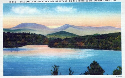 Lake Lanier Blue Ridge Mountain North-South Carolina Line Linen Vintage ...