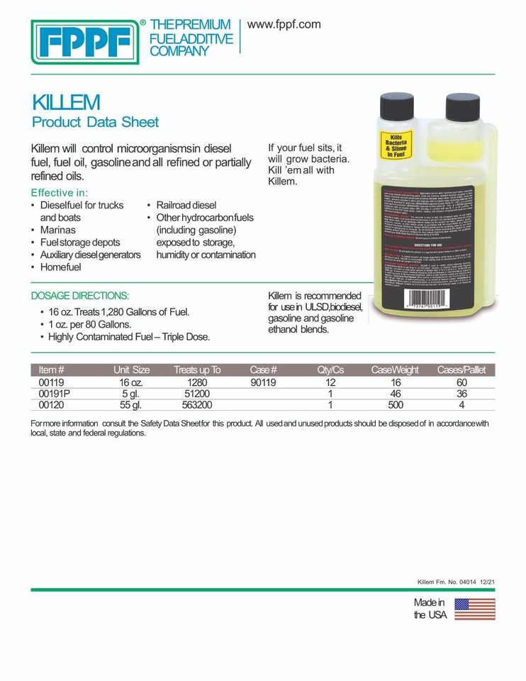 FPPF Killem 00119 - Fuel Biocide and Slimicide 16 oz. Bottle (Treats ...