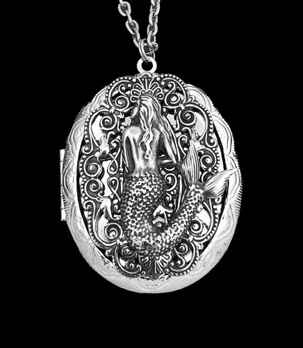 Mermaid Locket Necklace, Nautical Pirate Jewelry Silver Photo Pill ...