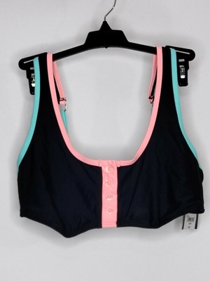 NWT Arizona Swim Top Black/Pink/Teal Trim Elastic Stretch Button Front ...