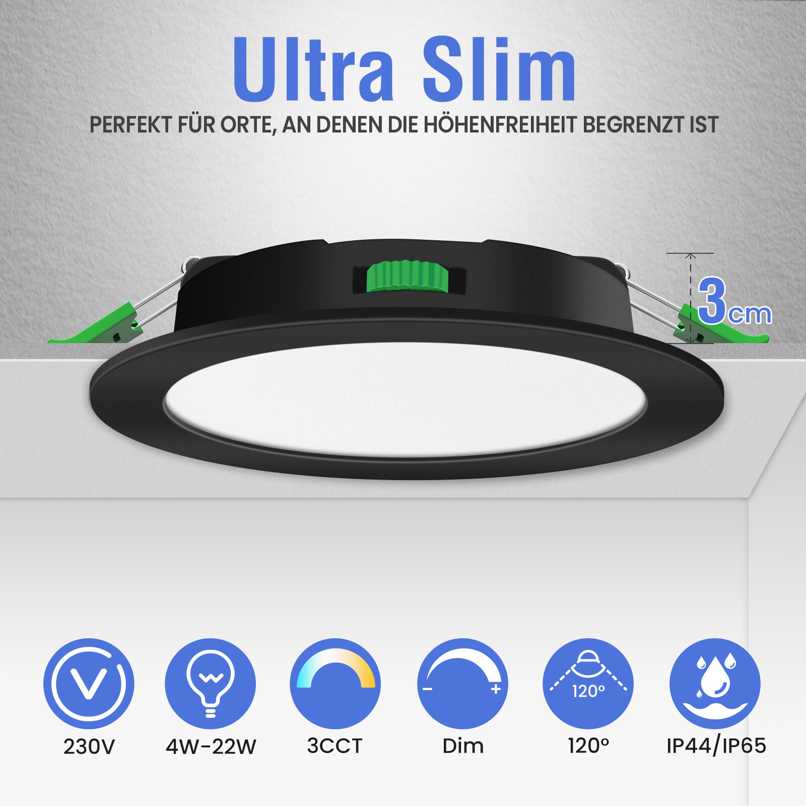 Dimmbar LED Einbaustrahler 3CCT Einbauleuchten Flach Decken Einbau Spot ...