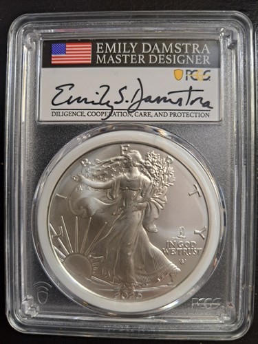2025-(P) SILVER EAGLE PRIVY PCGS MS70 FIRST DAY ISSUE EMILY DAMSTRA ...